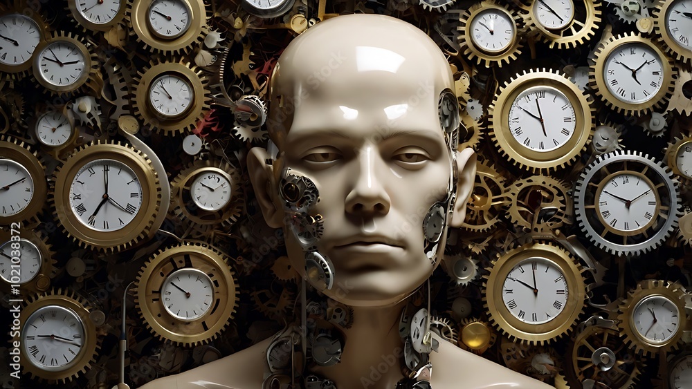 A human head surrounded by floating clocks and gears, representing ...