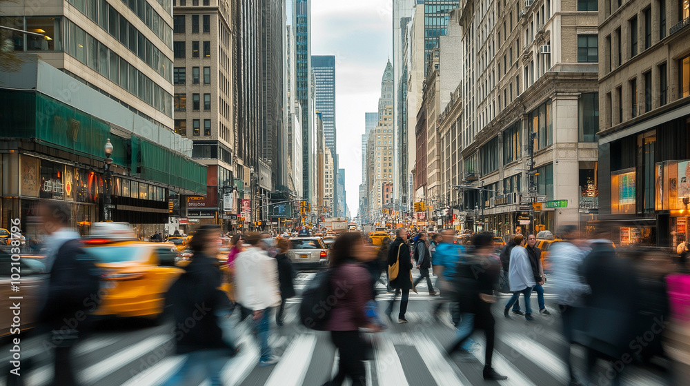 A bustling city scene with people crossing the street, captured in a ...