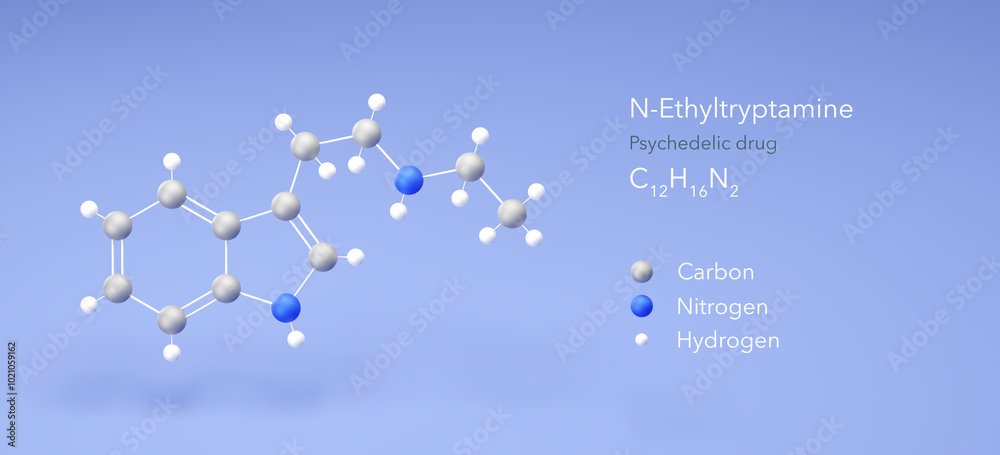 n-ethyltryptamine molecule, molecular structure, psychedelic drug, 3d ...