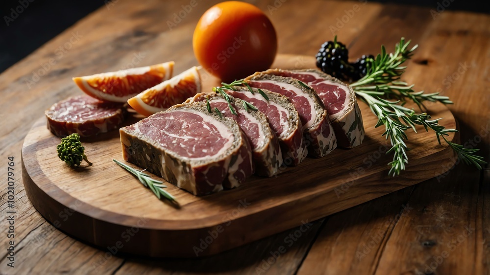 appetizing terrine charcuterie on wooden plate flat lay aesthetic setup ...