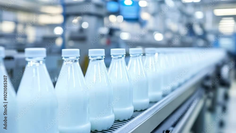 A line of milk bottles moves along a conveyor belt inside a dairy ...