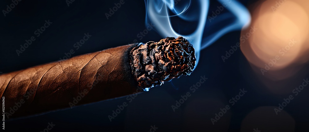 Isolated closeup of a classic cigar with smoke spiraling upwards, soft ...