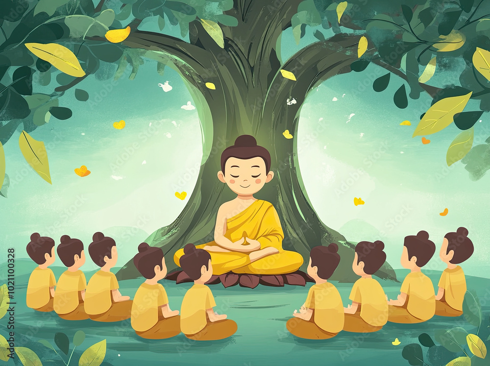 A cartoon illustration of Buddha teaching to many monks under the Bodhi ...