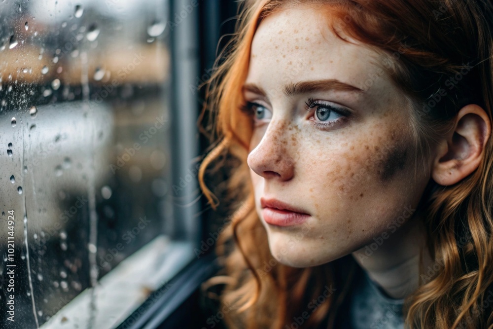 A beautiful red-haired girl is crying alone by the window. It's raining ...