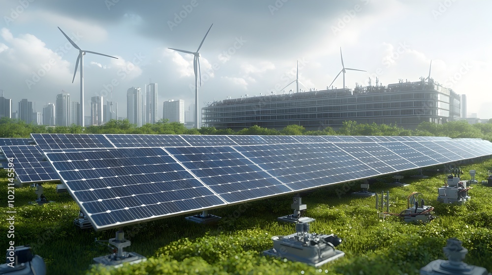 Ambitious green energy project featuring solar panels and wind turbines ...