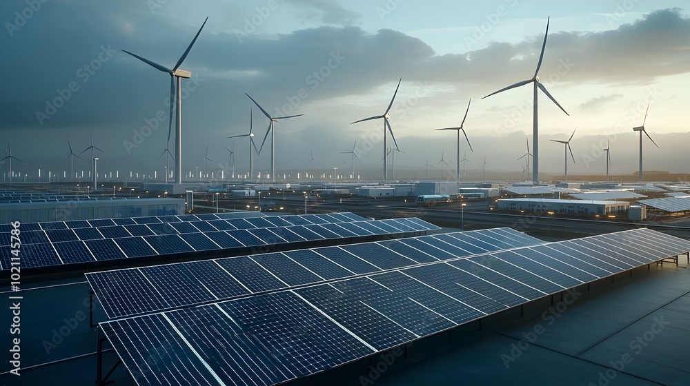 Expansive Renewable Energy Landscape Rows of sleek gleaming ...