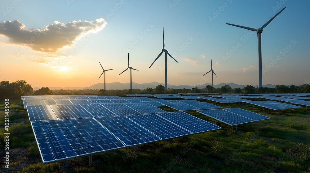 A sprawling futuristic landscape featuring rows of sleek gleaming solar ...