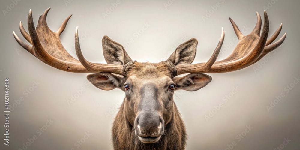 A majestic bull moose with an impressive set of antlers stares directly ...