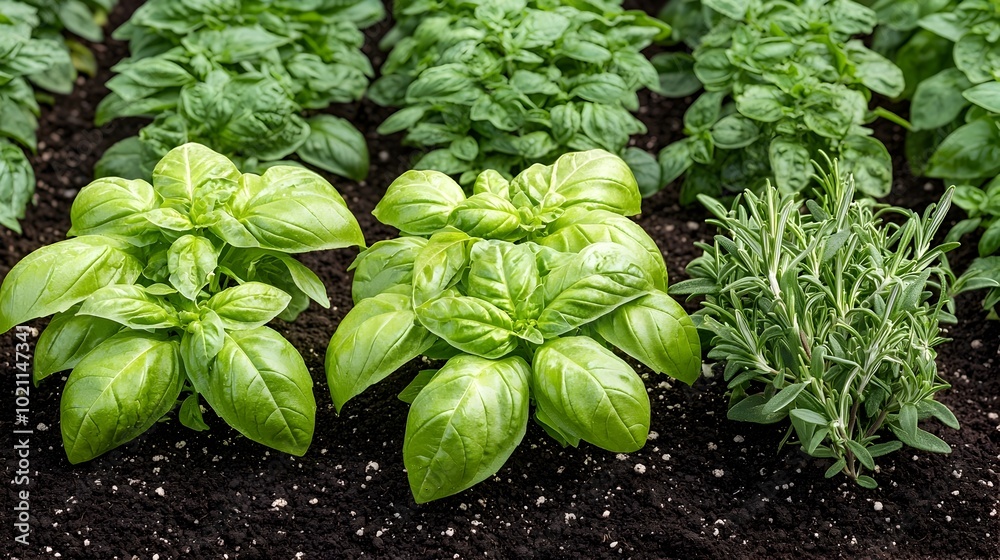 Lush and thriving organic herb farm with rows of freshly grown basil ...
