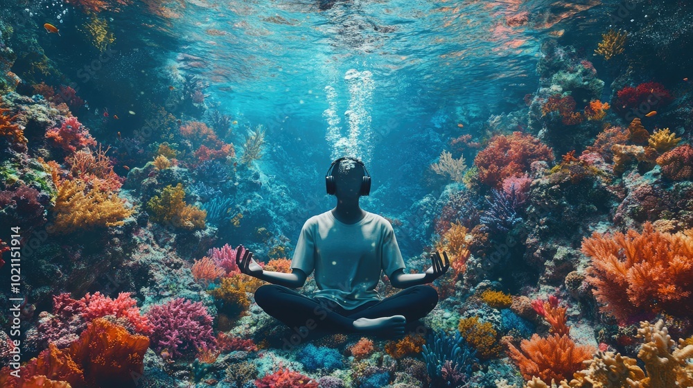 A serene Black male figure meditating underwater, surrounded by vibrant ...