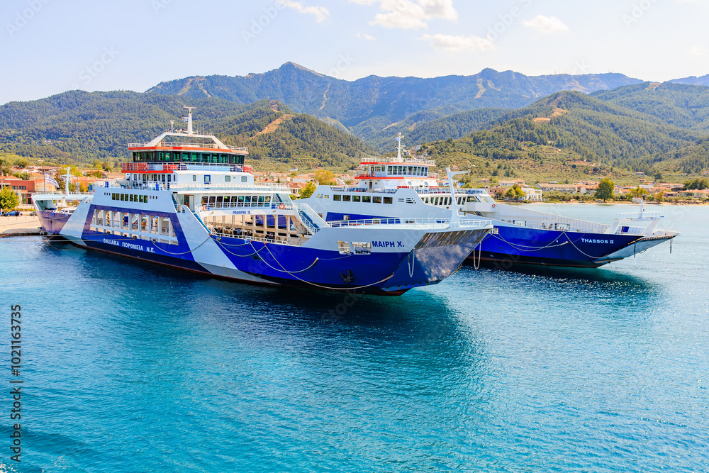 Seaport of tourist resort Greek island. Background with copy space ...