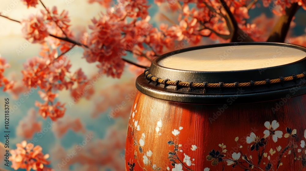A detailed 3D rendering of a Japanese taiko drum, emphasizing its ...