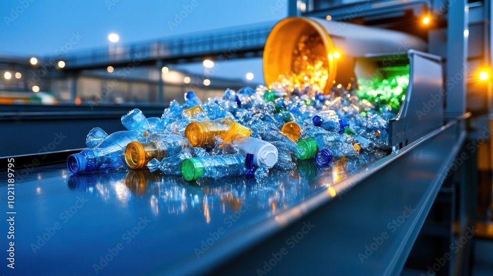 Automated recycling center, machines sorting industrial waste ...
