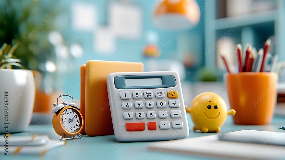 Charming collection of 3D icons depicting a stylized office environment ...
