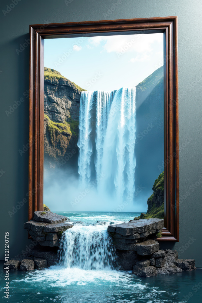 Surreal depiction of a waterfall flowing from a broken frame onto the ...