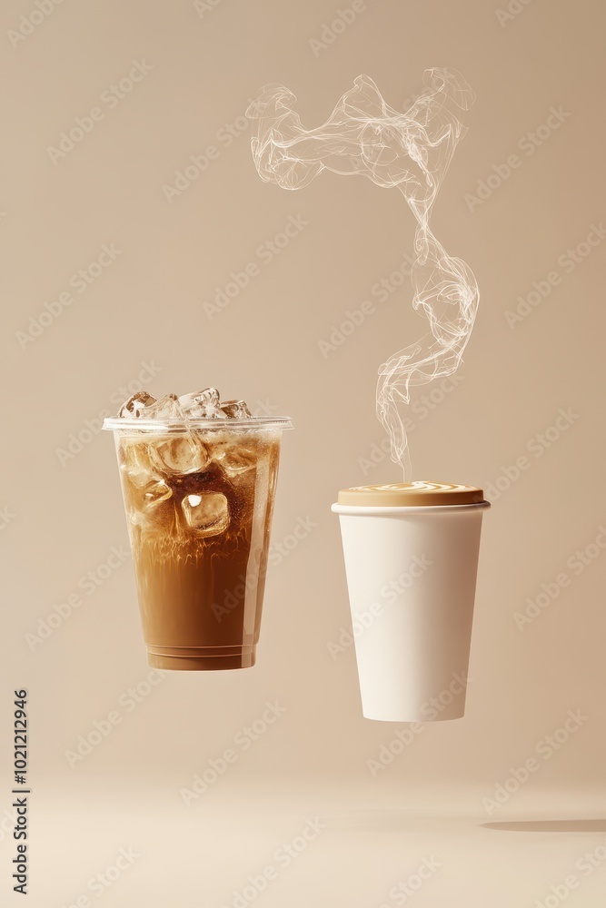two floating coffee cups on light, neutral background, transparent ...
