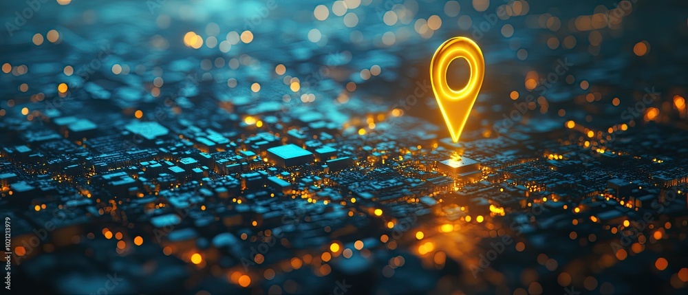 City map with illuminated location pin highlighting a specific area ...