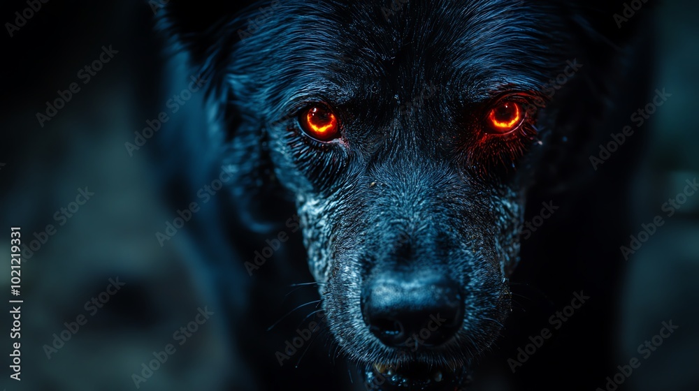 Symptomatic rabid dog isolated in a dark background, with glowing red ...