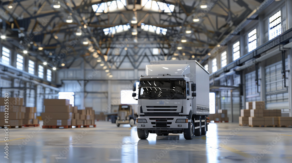 interior of a warehouse with white truck inside, truck, car, transport ...