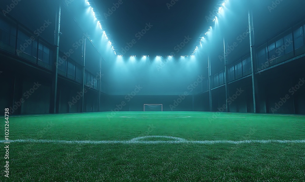 A dimly lit indoor football field with vibrant green turf, surrounded ...