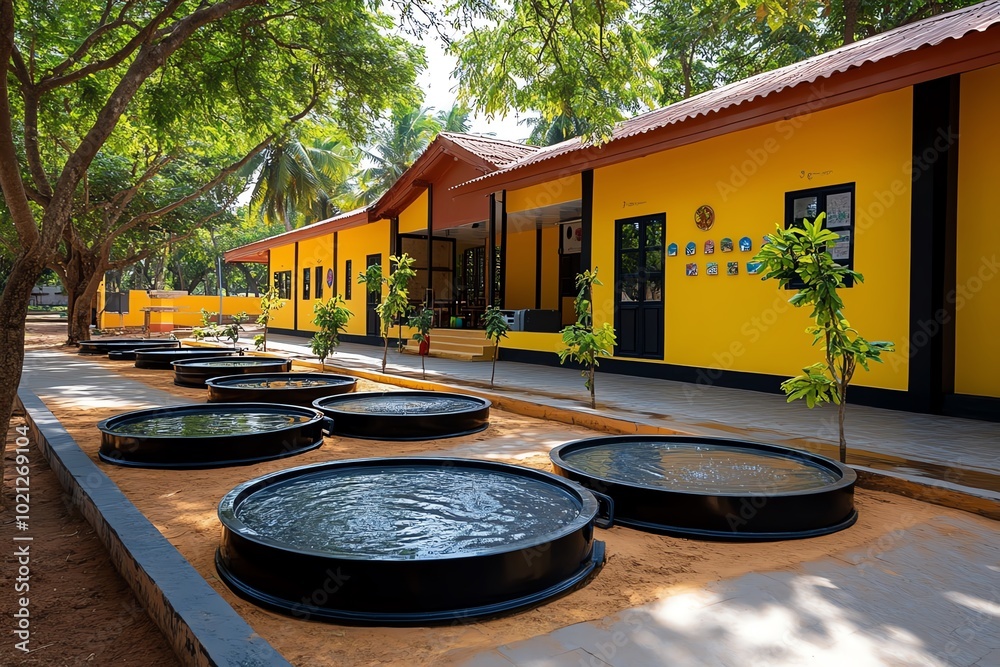 A rural school with rainwater harvesting tanks installed, ensuring a ...