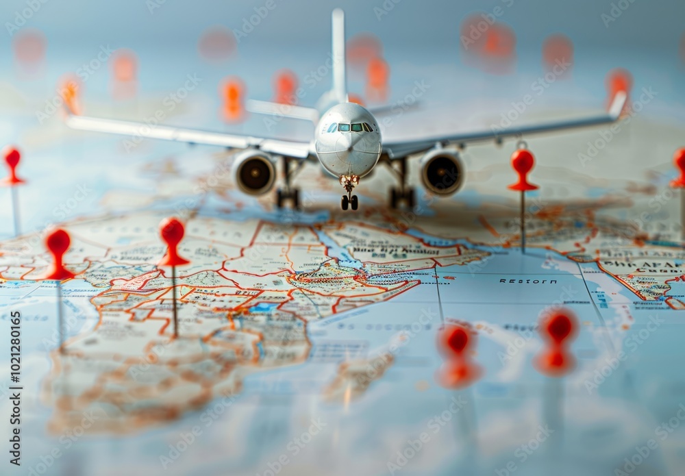 Airplane model positioned on a world map with location pins ...