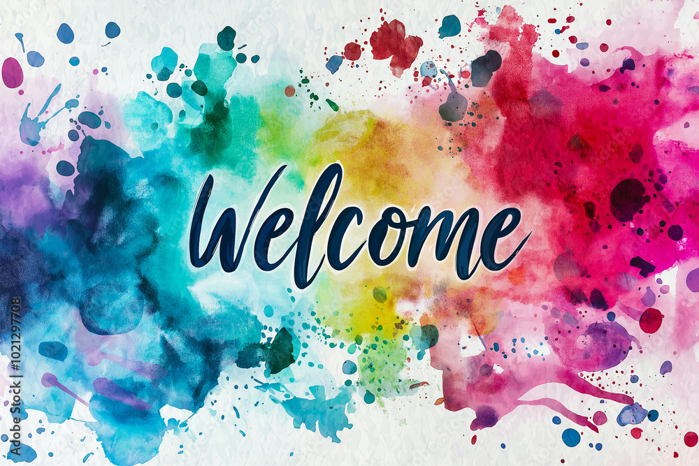 Welcome lettering on colorful watercolor background. Welcoming picture ...