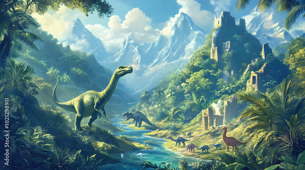 Illustration of a prehistoric jungle teeming with dinosaurs ancient ...