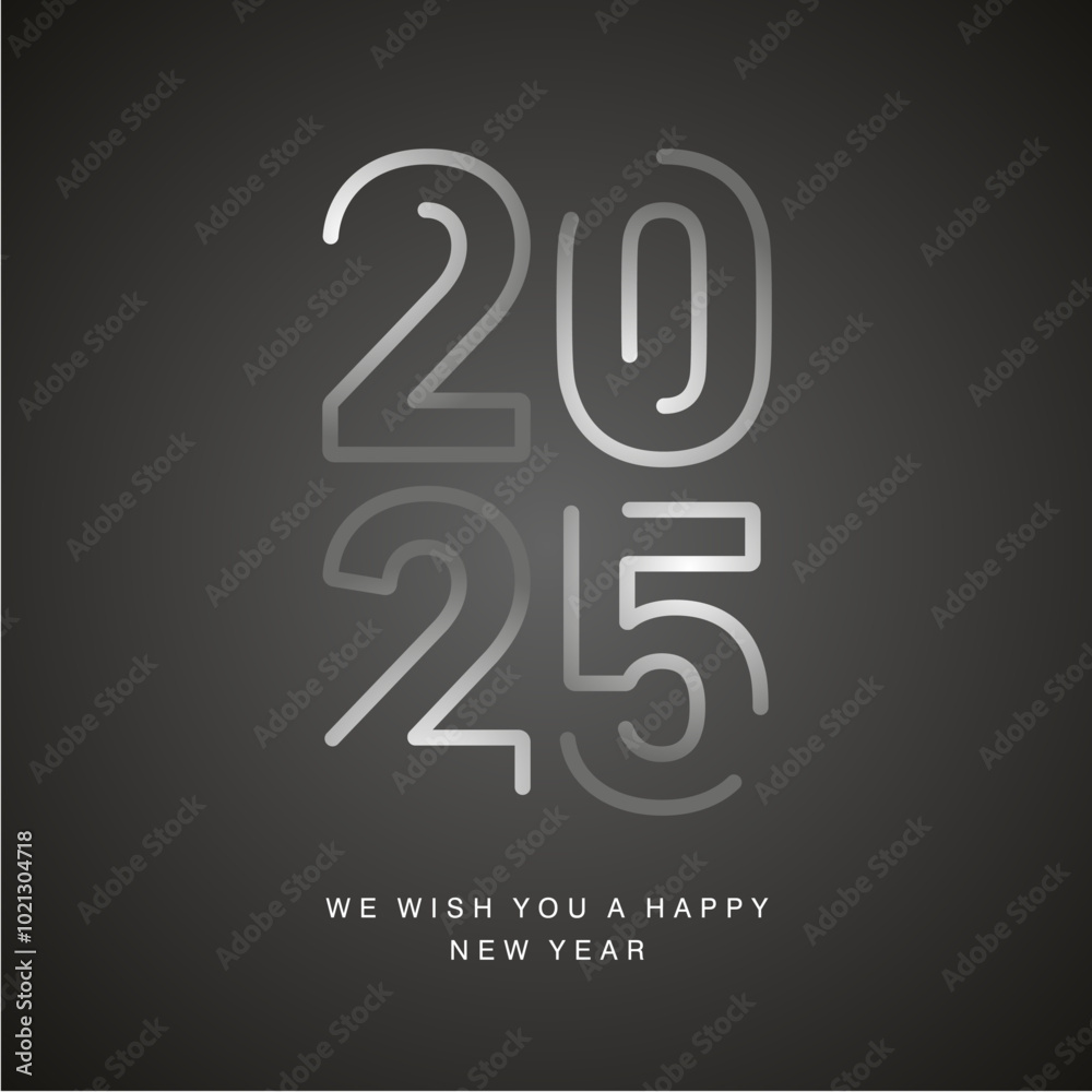 Happy New Year 2025 neon led silver gray line art design shape of 2025 ...