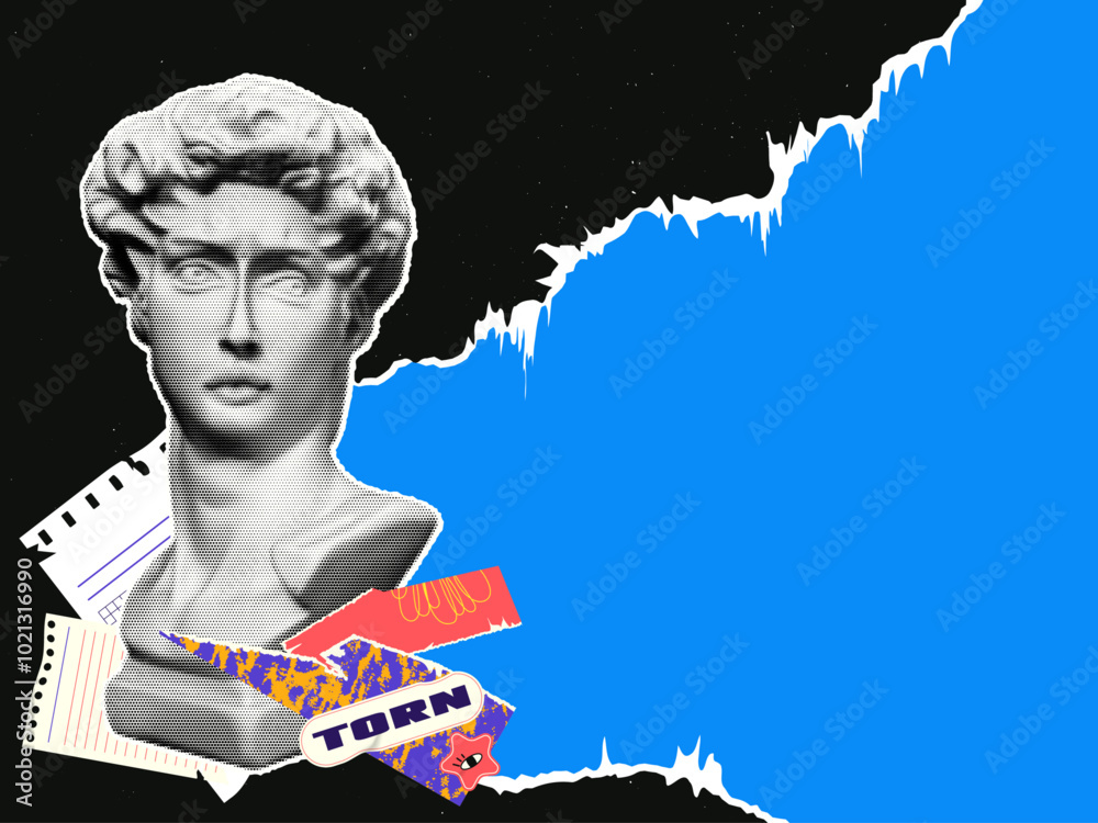 Vintage bust of a man statue with halftone effect. Cut out newspaper ...