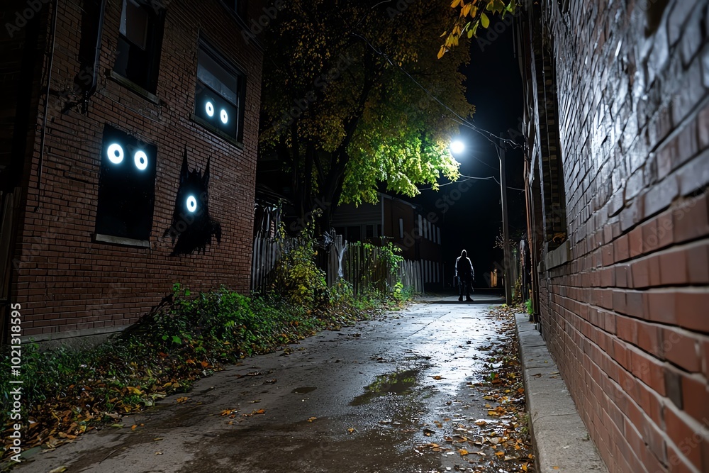 Realistic image of a dark alleyway on Halloween night, with faint glowing eyes peeking out from ...