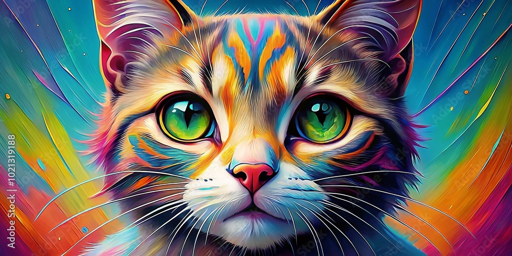 Cute Cat Face Drawing with Whiskers and Expressive Eyes in Colorful and ...