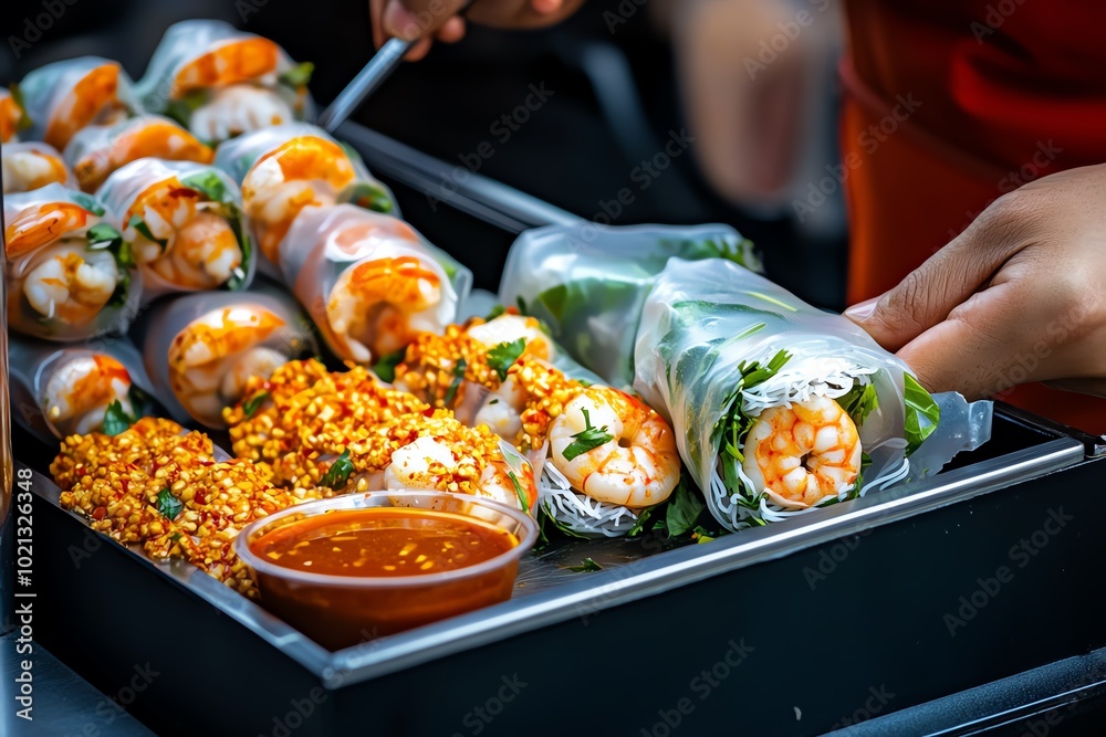 Realistic image of a street food vendor making fresh spring rolls, with ...