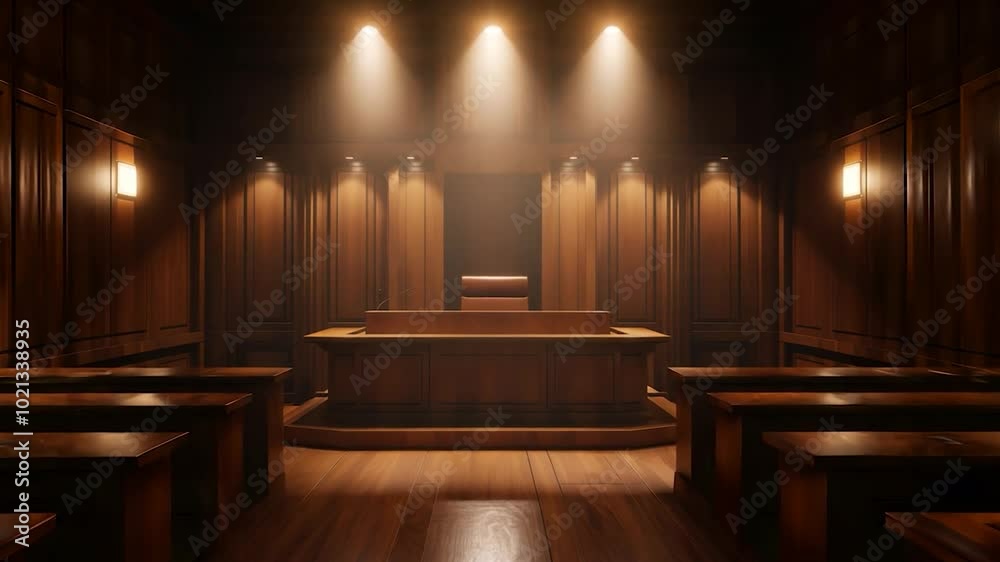 Empty Wooden Courtroom with Judge's Bench and Dramatic Lighting Stock ...