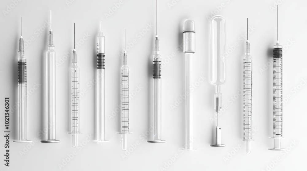 Syringes of various sizes isolated on a white background. Medical ...