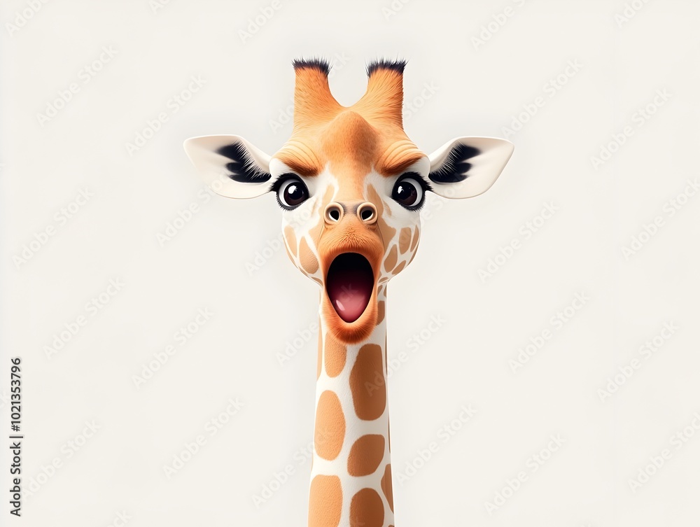Excitable giraffe with its neck outstretched and mouth agape in a ...