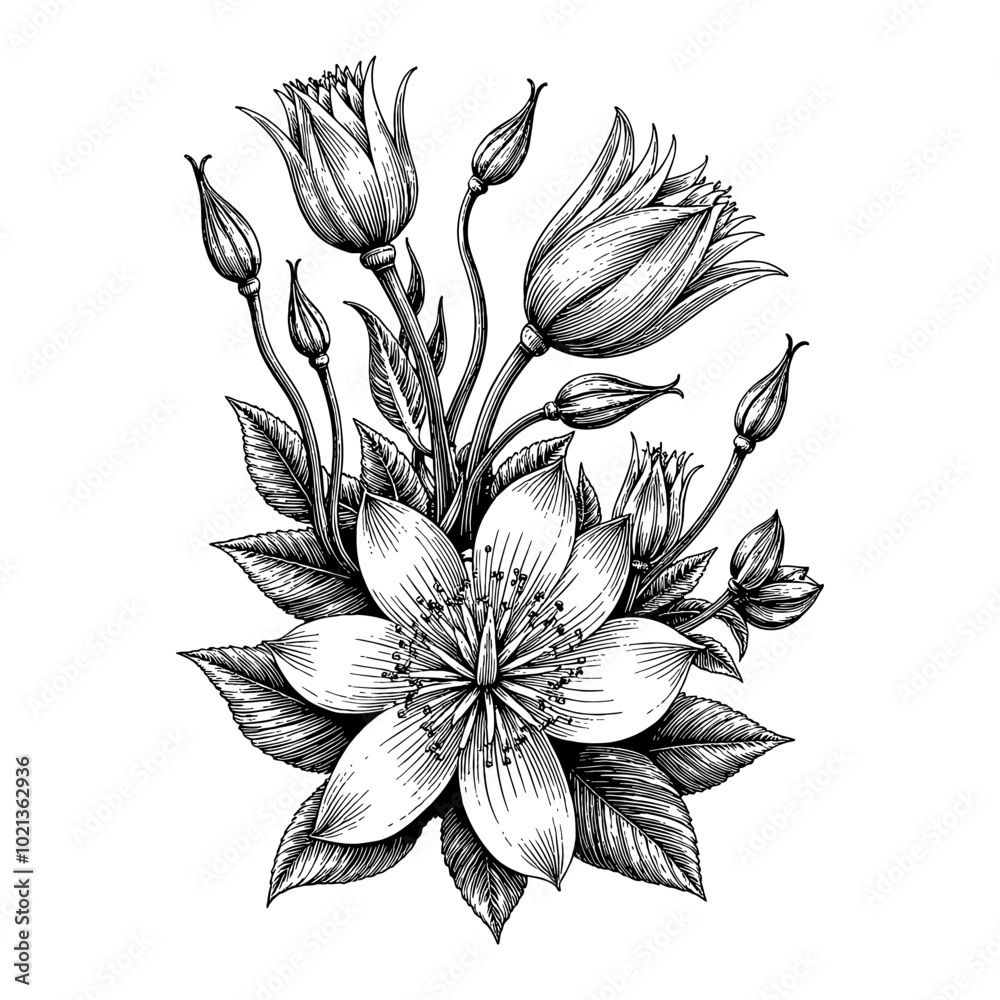 Black and White Outline Line Art Drawing of Spring Garden Flowers ...