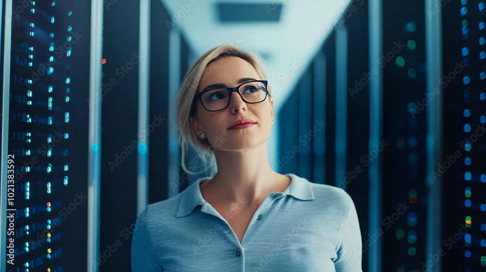 Professional female IT specialist in server room is talking with ...