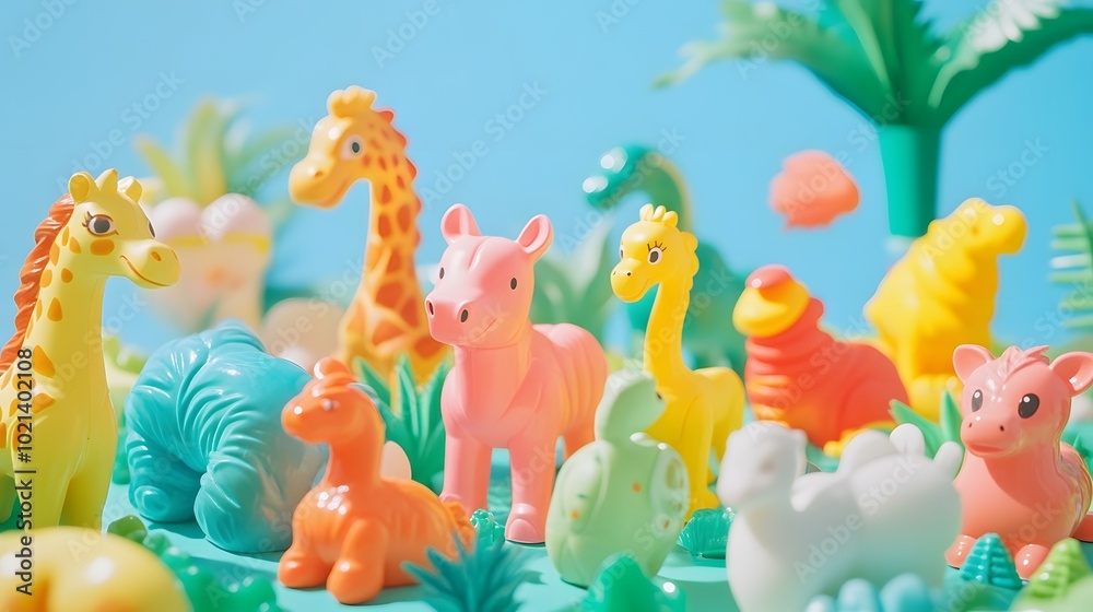 74. A collection of 90s toy animals placed on a playful landscape ...