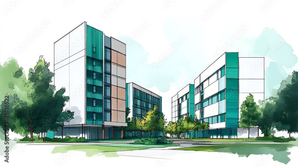 A sketch of an isolated green buildings promoting walkability and clean ...