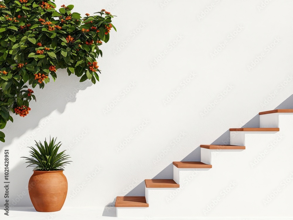Render of an outdoor staircase in a Mediterranean villa, with ...