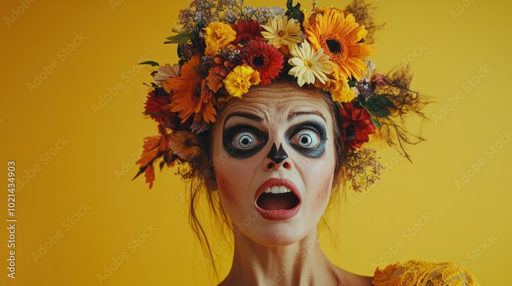 Scared emotional woman wears scary makeup and floral headwear stares ...