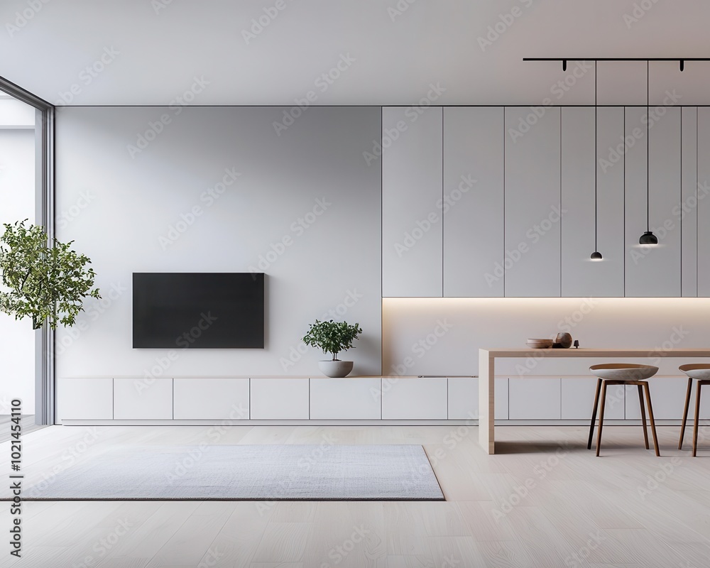 Cross-section of a contemporary living room with custom-built furniture ...