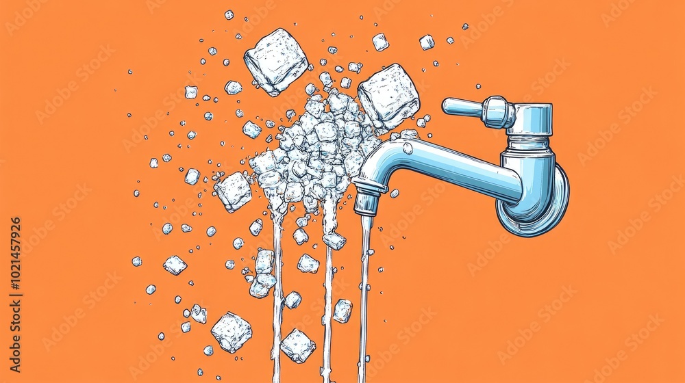 Cartoon style 2D rendering of a pixelated water jet with ice cubes ...