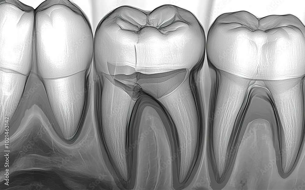 Detailed dental X-ray showing multiple teeth with decay and damage in a ...