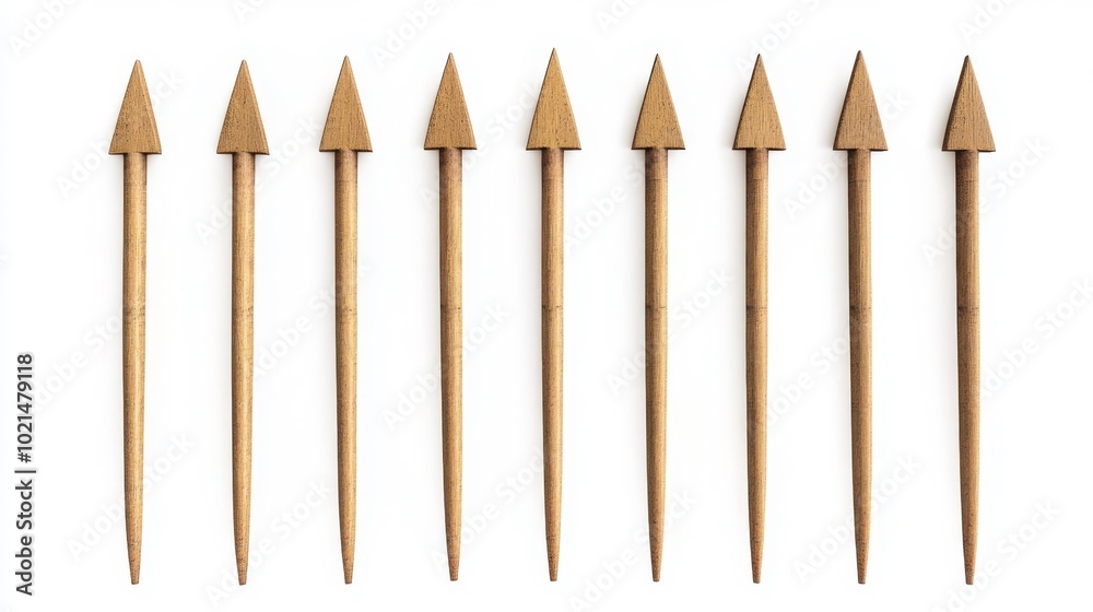 Realistic pack of eight wooden garden stakes arranged on a white ...