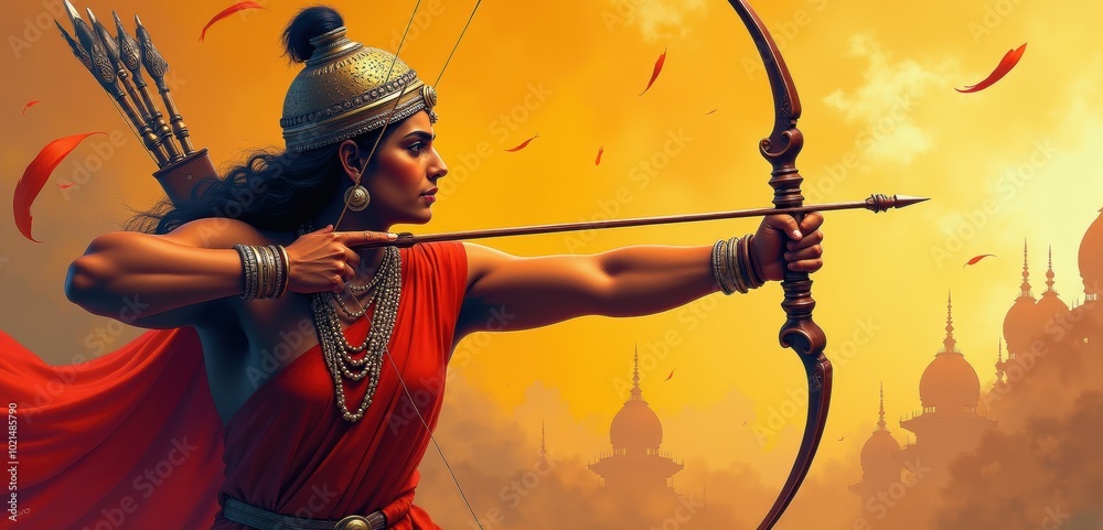 A powerful female archer in vibrant attire, poised to shoot ...