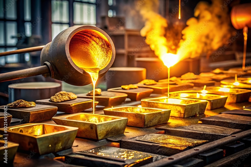 Molten Gold Pouring into a Mold Creating Shiny Golden Ingots in a ...