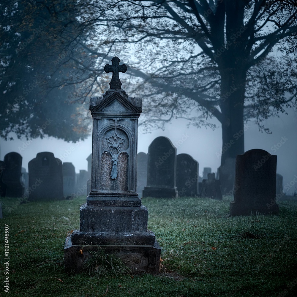 old grave on traditional european cemetery scary graveyard with foggy ...