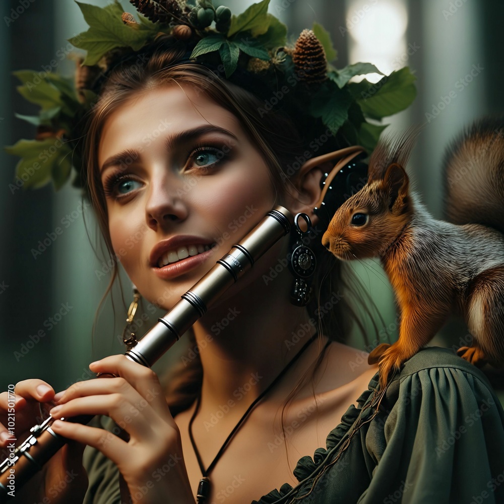 Elf playing a silver flute, squirrel on her shoulder. Natural ...